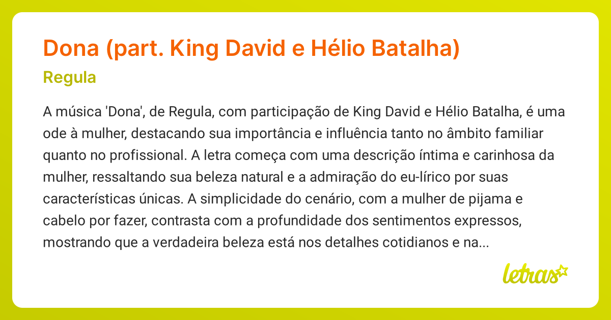 Significado da música Dona (part. King David e Hélio Batalha) (Regula ...