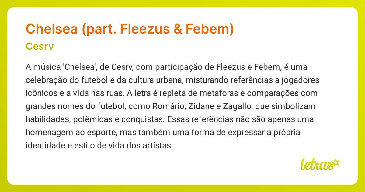 Significado da música Chelsea (part. Fleezus & Febem) (Cesrv) - LETRAS ...