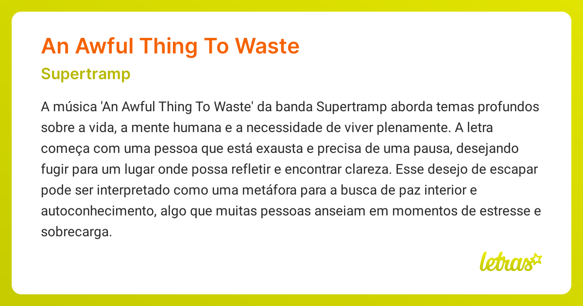 Significado da música AN AWFUL THING TO WASTE (Supertramp) - LETRAS.MUS.BR
