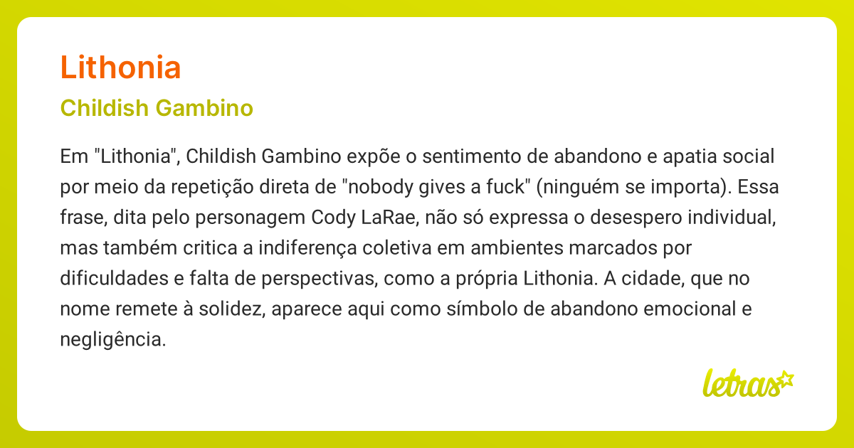 Significado da música LITHONIA (Childish Gambino) - LETRAS.MUS.BR