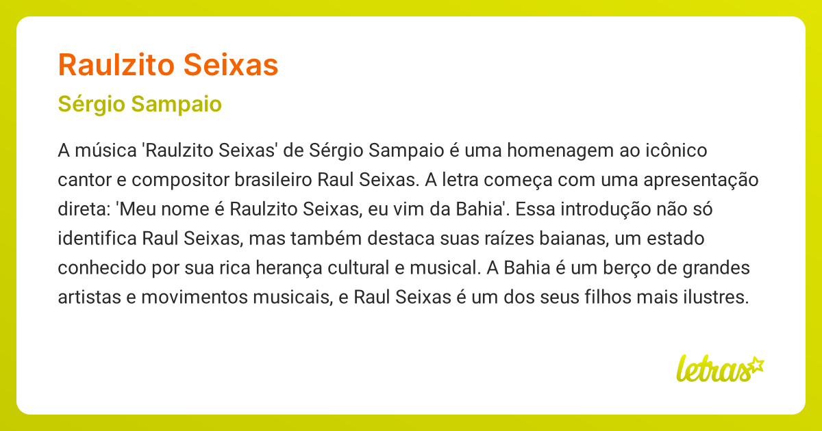 Significado da música RAULZITO SEIXAS (Sérgio Sampaio) - LETRAS.MUS.BR