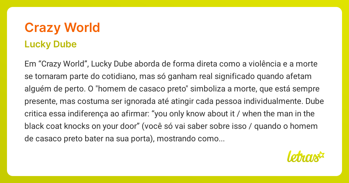 Significado da música CRAZY WORLD (Lucky Dube) - LETRAS.MUS.BR