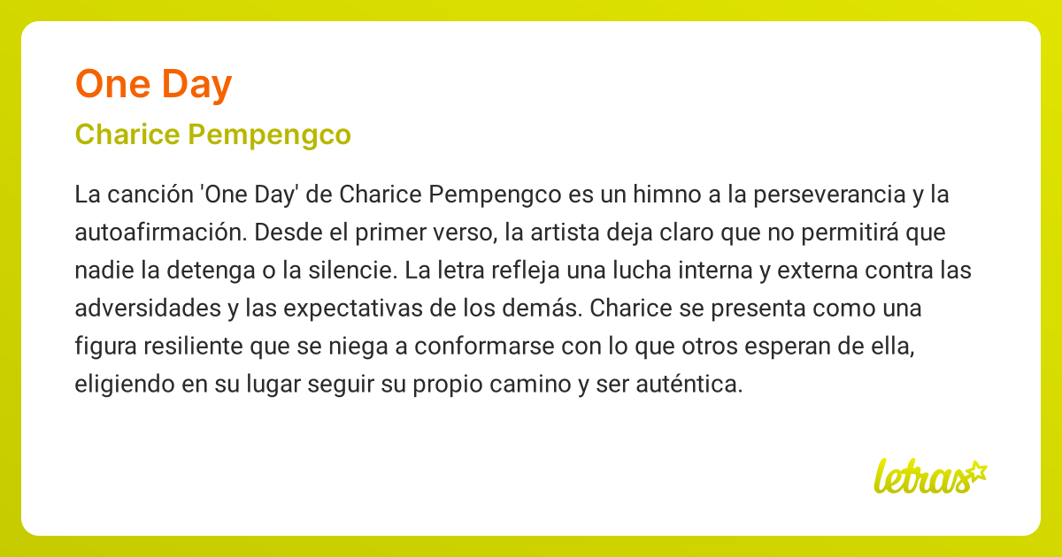 Significado de la canción ONE DAY (Charice Pempengco) - LETRAS.COM