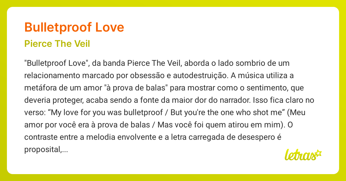 Significado da música BULLETPROOF LOVE (Pierce The Veil) - LETRAS.MUS.BR