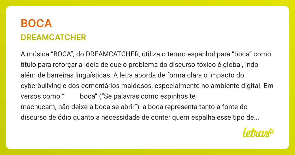 Significado da música BOCA (DREAMCATCHER) - LETRAS.MUS.BR