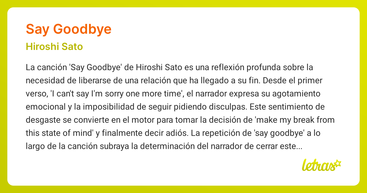 Significado de la canción SAY GOODBYE (Hiroshi Sato) - LETRAS.COM