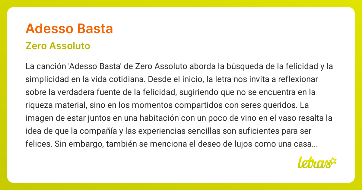 Significado de la canción ADESSO BASTA (Zero Assoluto) - LETRAS.COM