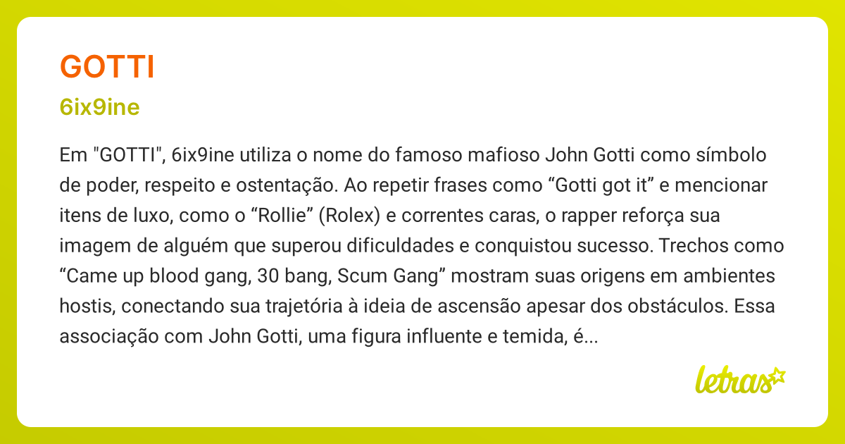 Significado da música GOTTI (6ix9ine) - LETRAS.MUS.BR