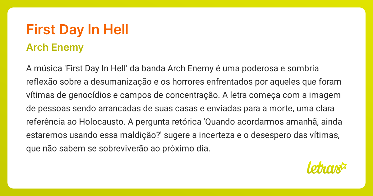 Significado da música FIRST DAY IN HELL (Arch Enemy) - LETRAS.MUS.BR