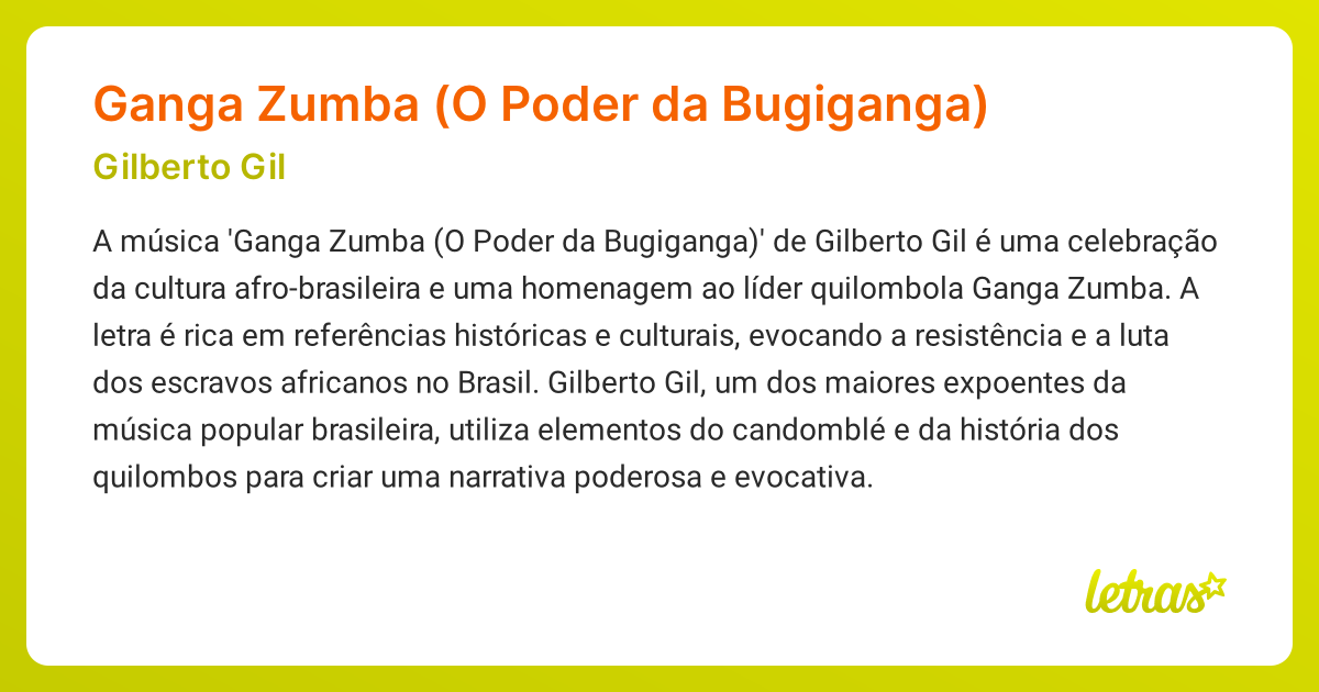Significado da música Ganga Zumba (O Poder da Bugiganga) (Gilberto Gil) - LETRAS.MUS.BR