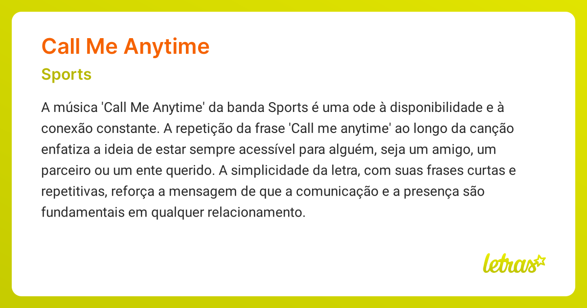 Significado da música CALL ME ANYTIME (Sports) - LETRAS.MUS.BR