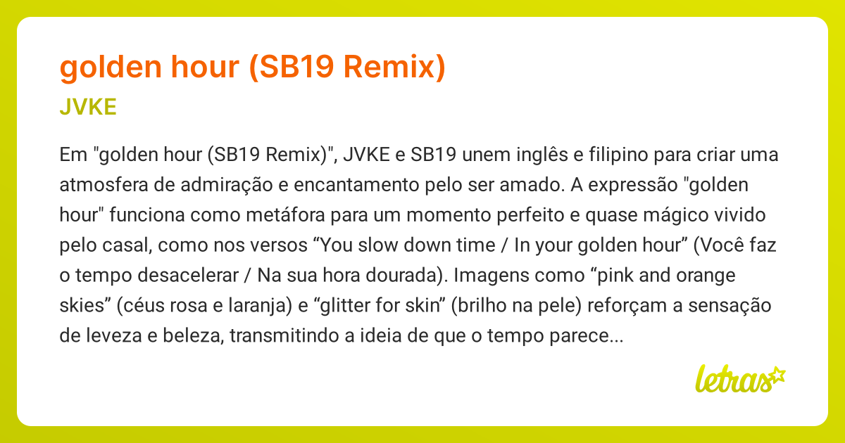 Significado da música GOLDEN HOUR (SB19 REMIX) (JVKE) - LETRAS.MUS.BR