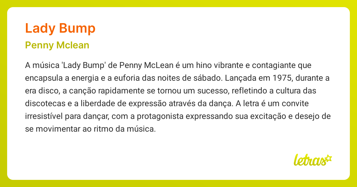 Significado da música LADY BUMP (Penny Mclean) - LETRAS.MUS.BR