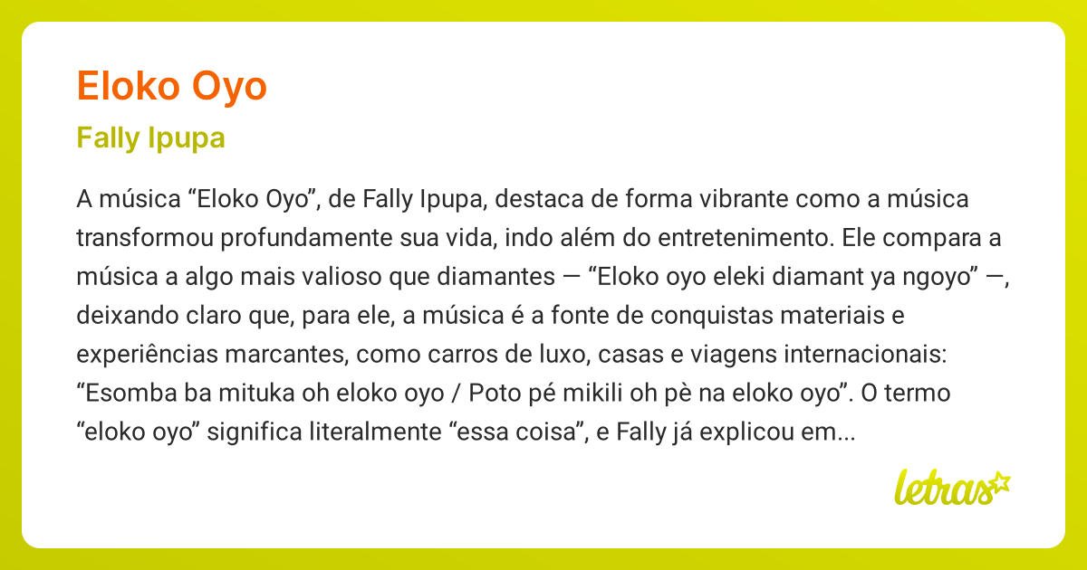 Significado da música ELOKO OYO (Fally Ipupa) - LETRAS.MUS.BR