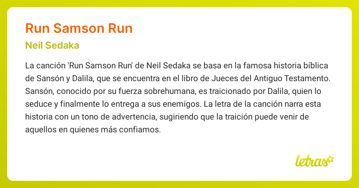 Significado de la canción RUN SAMSON RUN (Neil Sedaka) - LETRAS.COM