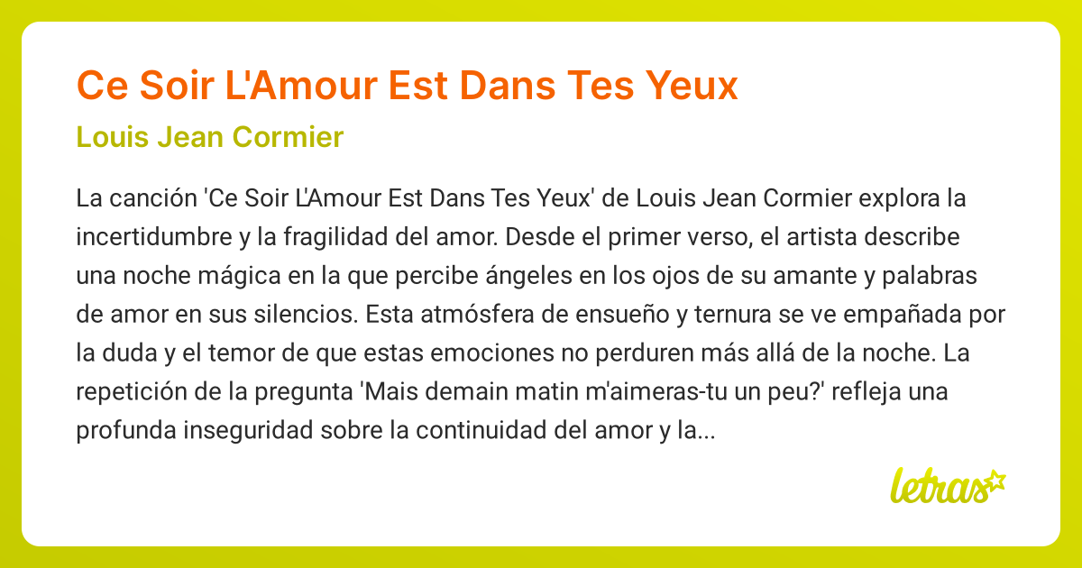 Significado de la canción Ce Soir L'Amour Est Dans Tes Yeux (Louis Jean ...