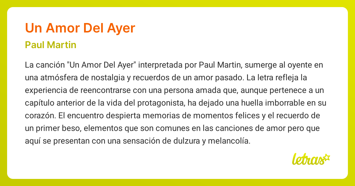 Significado de la canción UN AMOR DEL AYER (Paul Martin) - LETRAS.COM