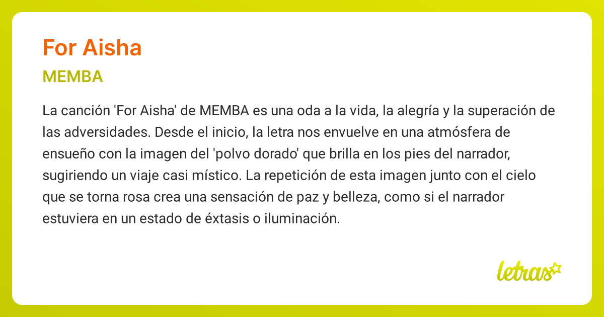 Significado de la canción FOR AISHA (MEMBA) - LETRAS.COM