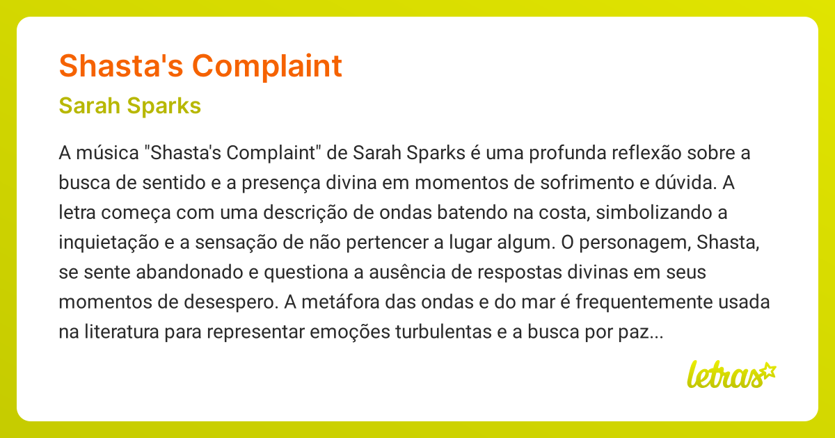 Significado da música SHASTA'S COMPLAINT (Sarah Sparks) - LETRAS.MUS.BR