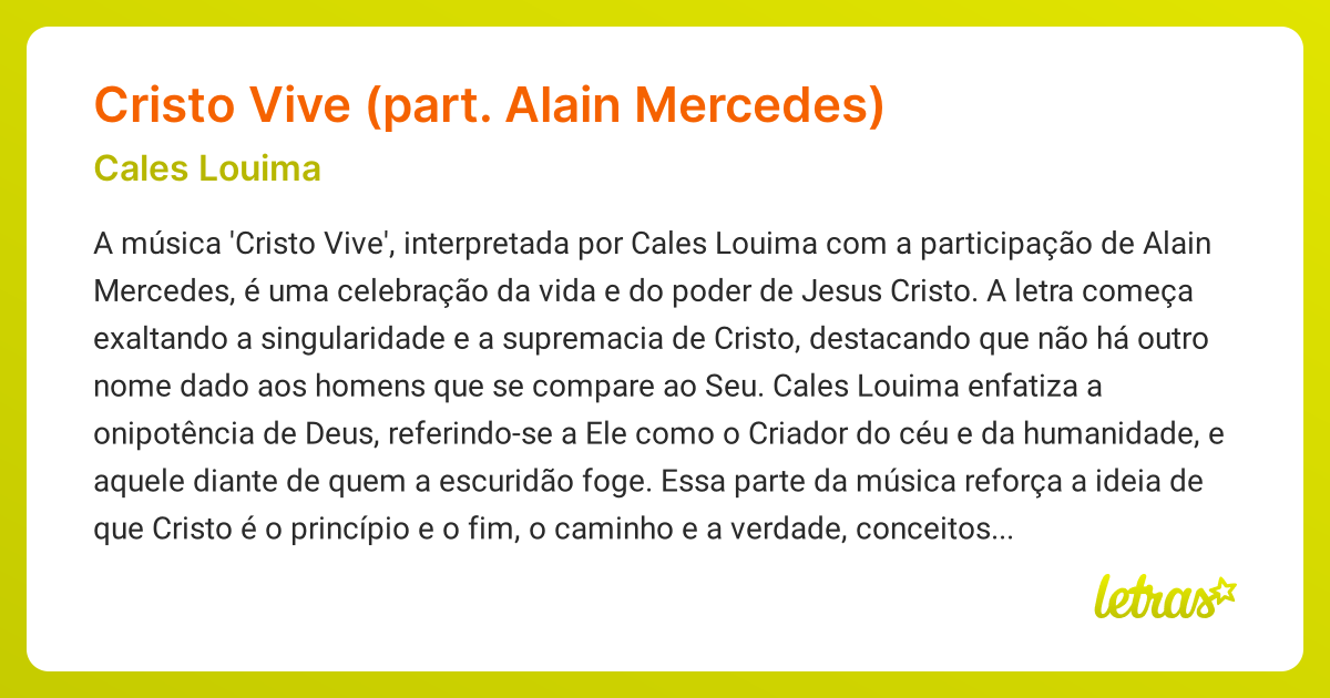 Significado da música Cristo Vive (part. Alain Mercedes) (Cales Louima ...
