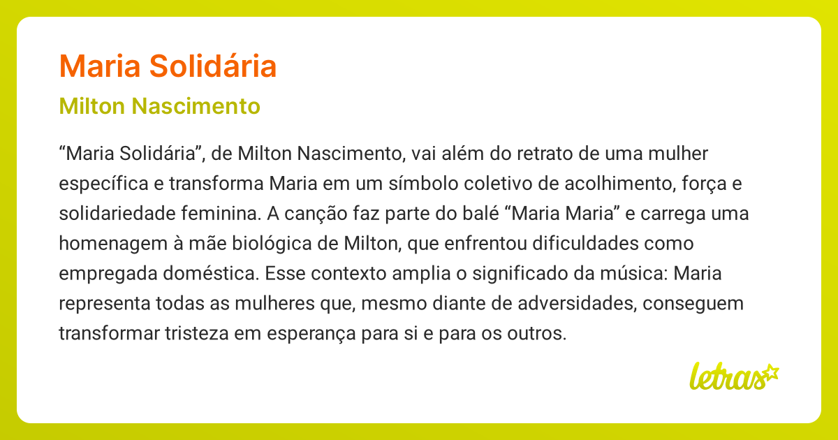 Significado da música MARIA SOLIDÁRIA (Milton Nascimento) - LETRAS.MUS.BR