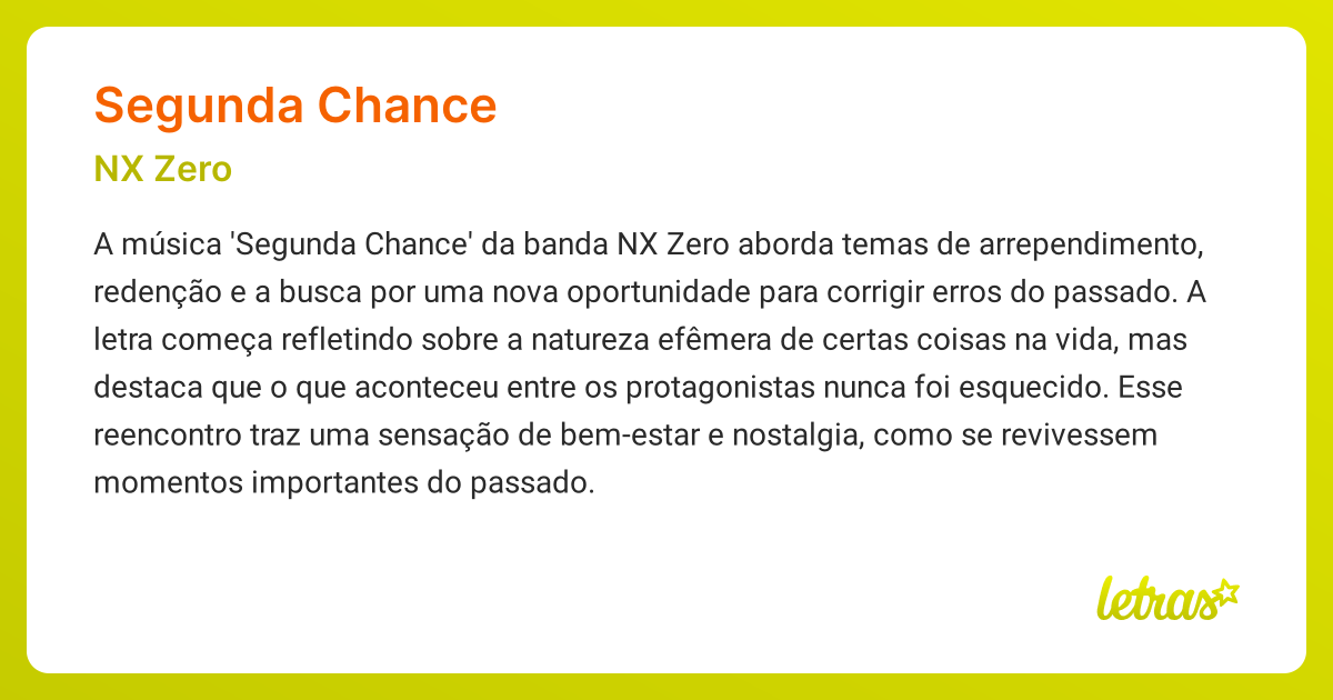 Significado da música SEGUNDA CHANCE (NX Zero) - LETRAS.MUS.BR