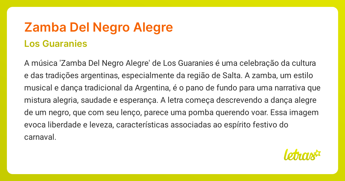Significado da música ZAMBA DEL NEGRO ALEGRE (Los Guaranies) - LETRAS ...