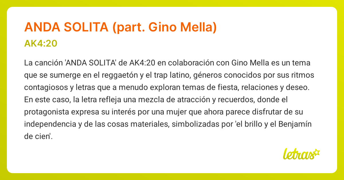Significado de la canción ANDA SOLITA (PART. GINO MELLA) (AK4:20 ...