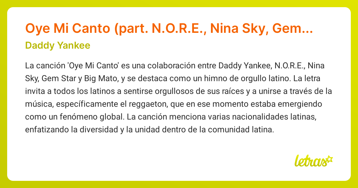 Significado de la canción Oye Mi Canto (part. N.O.R.E., Nina Sky, Gem ...