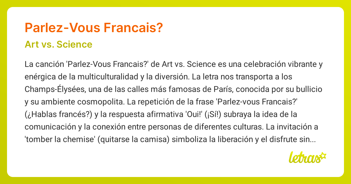 Significado de la canción PARLEZ-VOUS FRANCAIS? (Art vs. Science ...