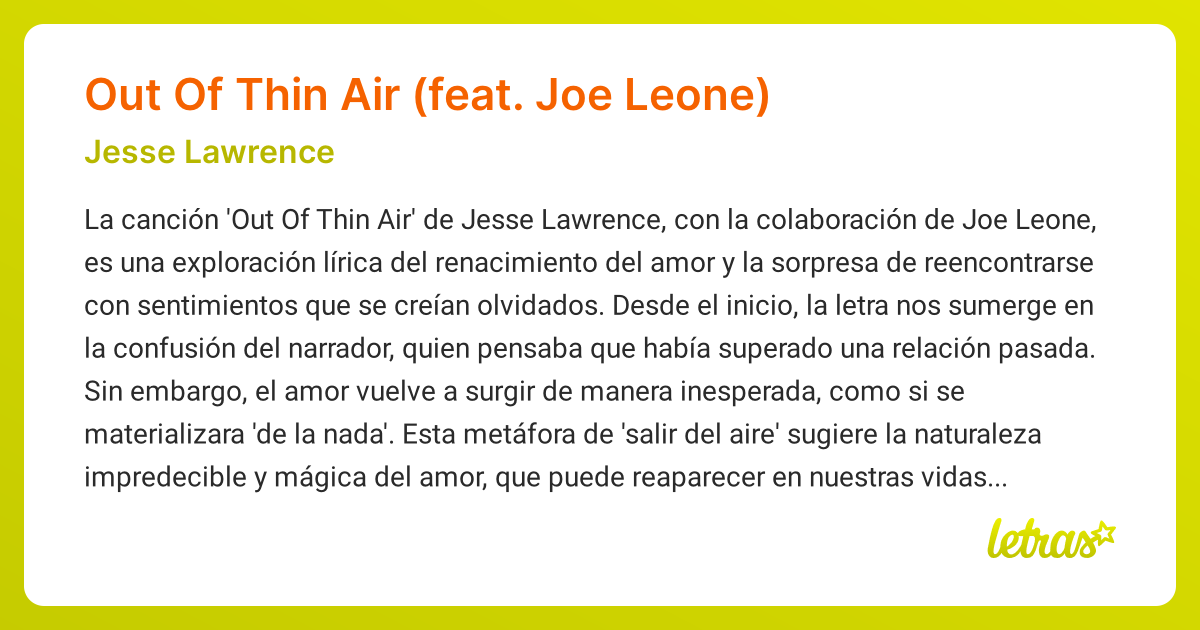 Significado de la canción Out Of Thin Air (feat. Joe Leone) (Jesse ...