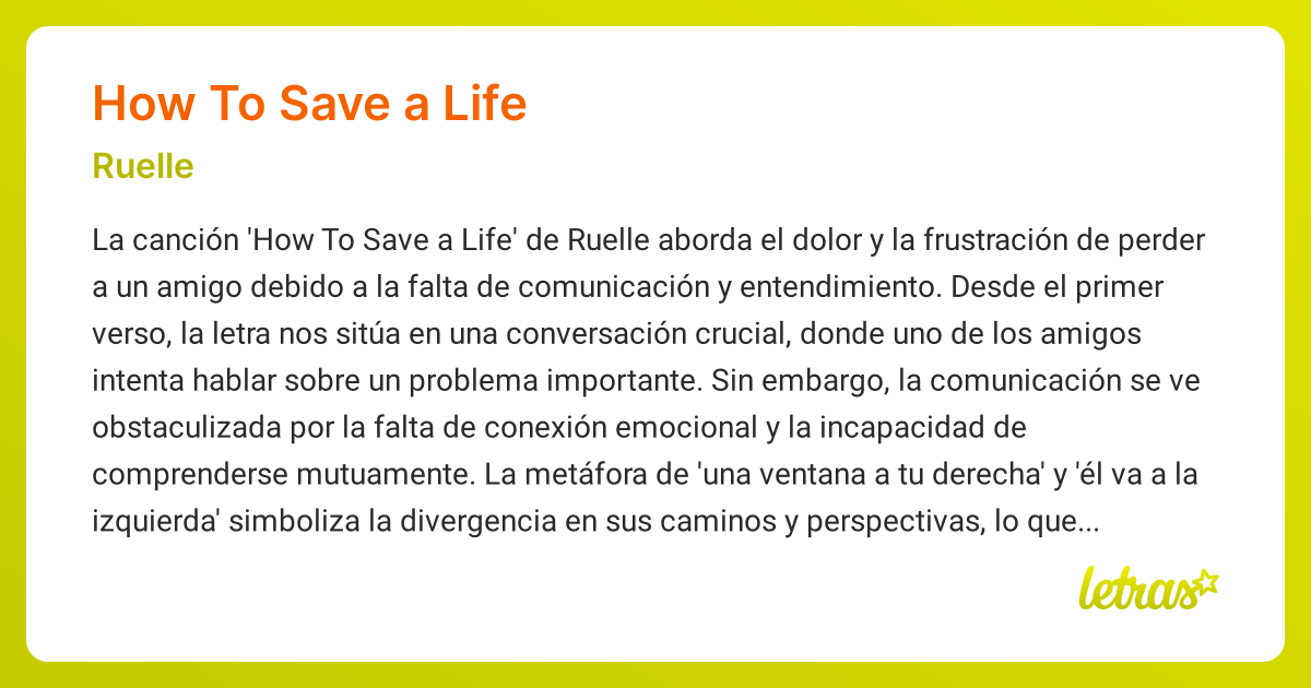 Significado de la canción HOW TO SAVE A LIFE (Ruelle) - LETRAS.COM