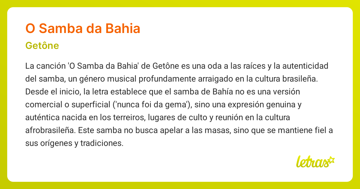 Significado de la canción O SAMBA DA BAHIA (Getône) - LETRAS.COM