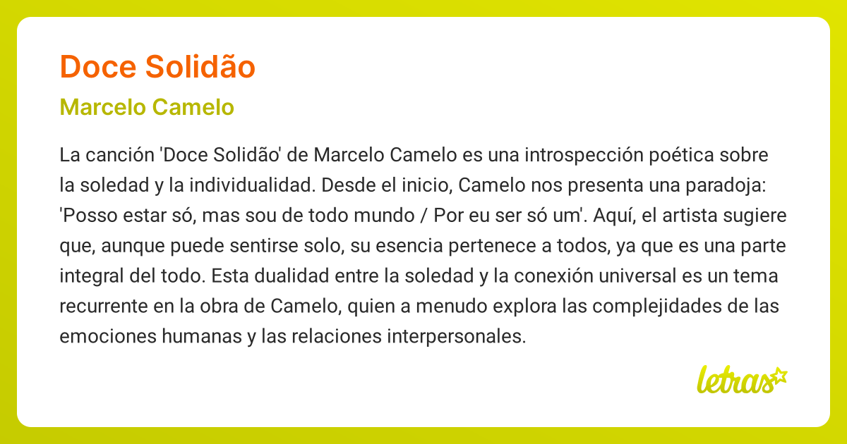 Significado de la canción DOCE SOLIDÃO (Marcelo Camelo) - LETRAS.COM