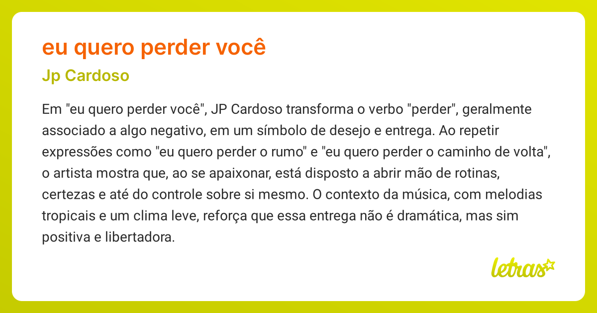 Significado da música EU QUERO PERDER VOCÊ (Jp Cardoso) - LETRAS.MUS.BR