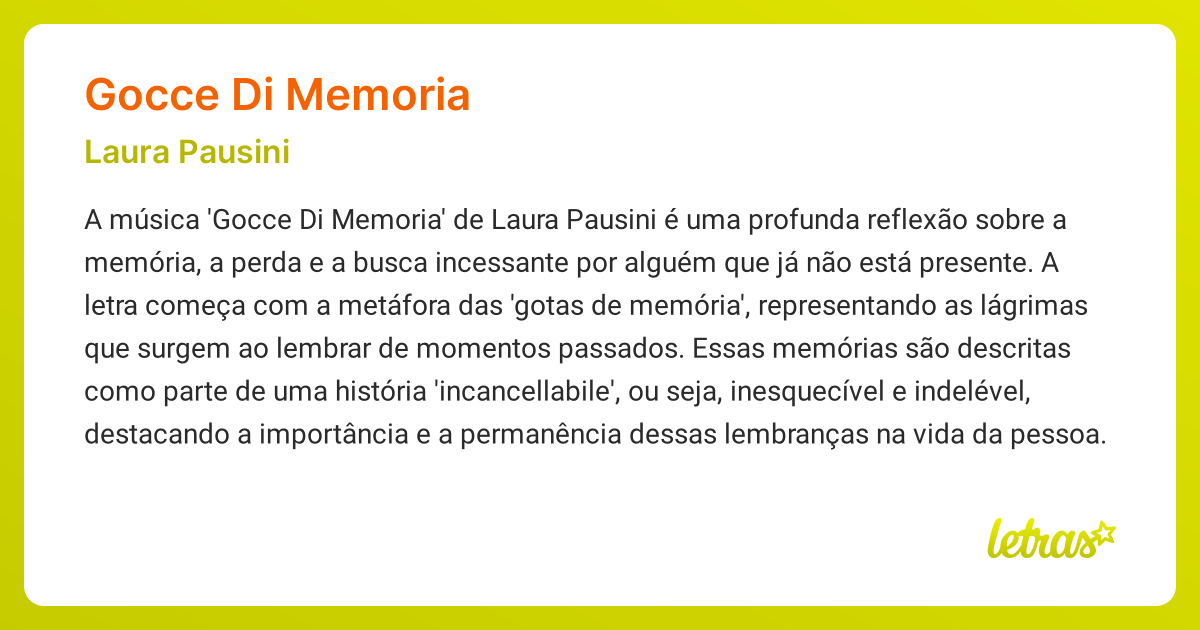 Significado da música GOCCE DI MEMORIA (Laura Pausini) - LETRAS.MUS.BR