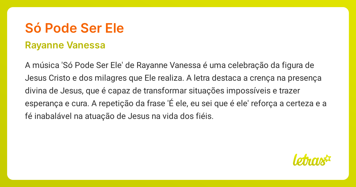 Significado da música SÓ PODE SER ELE (Rayanne Vanessa) - LETRAS.MUS.BR
