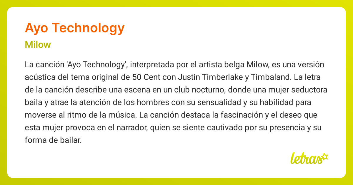 Significado de la canción AYO TECHNOLOGY (Milow) - LETRAS.COM