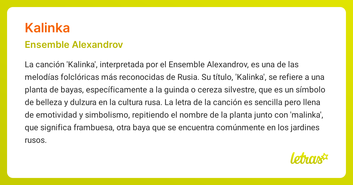Significado de la canción KALINKA (Ensemble Alexandrov) - LETRAS.COM