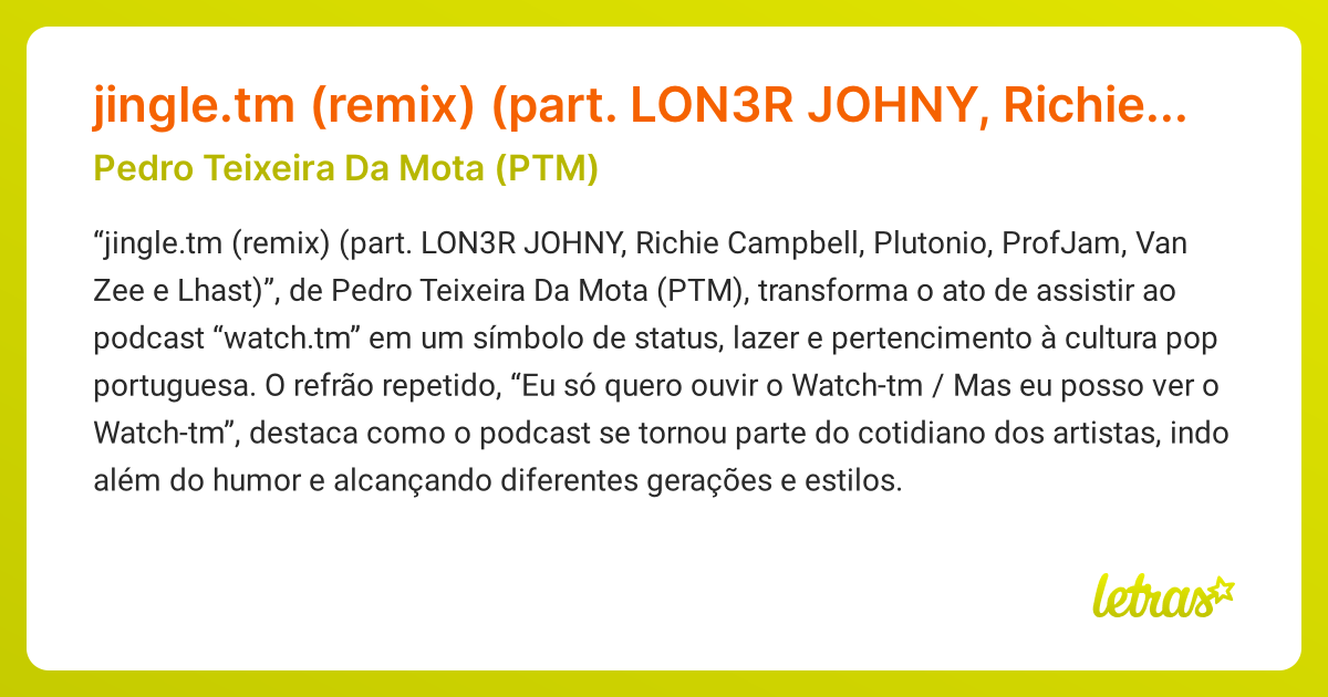 Significado da música jingle.tm (remix) (part. LON3R JOHNY, Richie ...