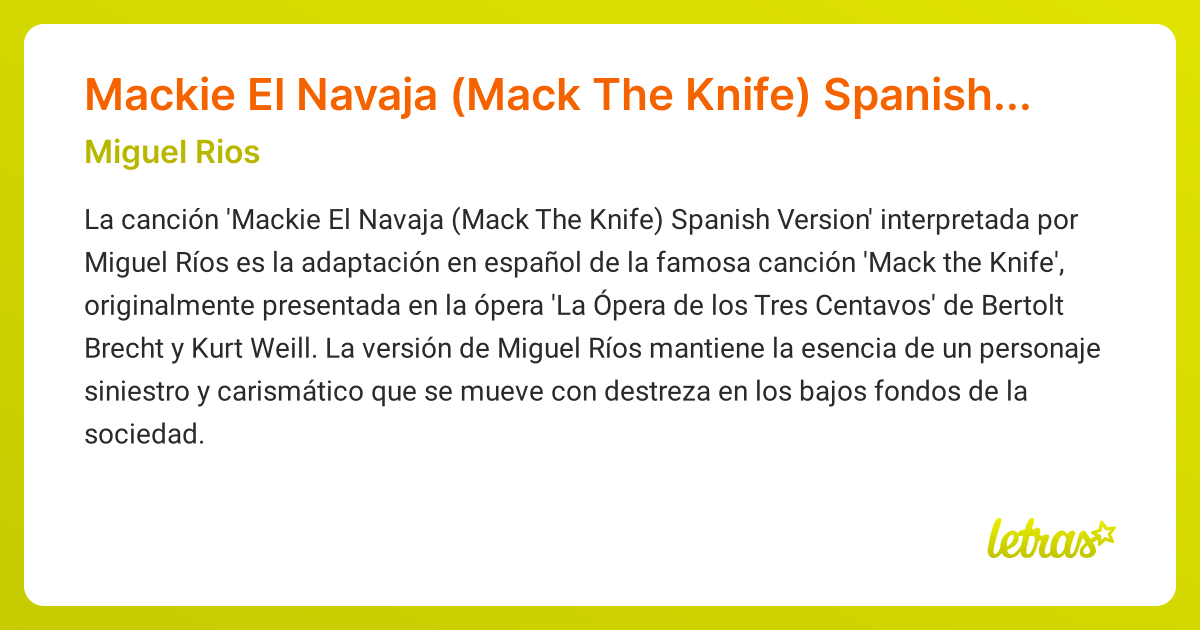 Significado de la canción Mackie El Navaja (Mack The Knife) Spanish ...
