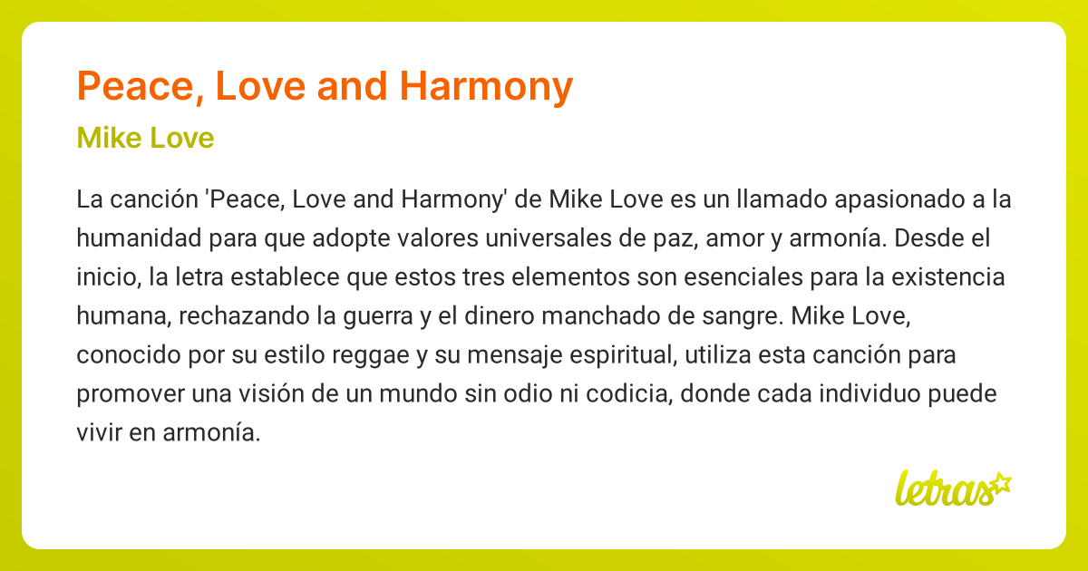 Significado de la canción PEACE, LOVE AND HARMONY (Mike Love) - LETRAS.COM