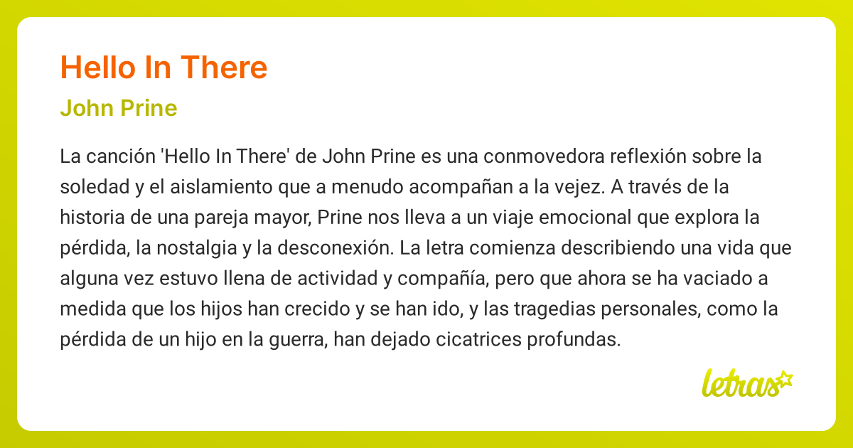 Significado de la canción HELLO IN THERE (John Prine) - LETRAS.COM