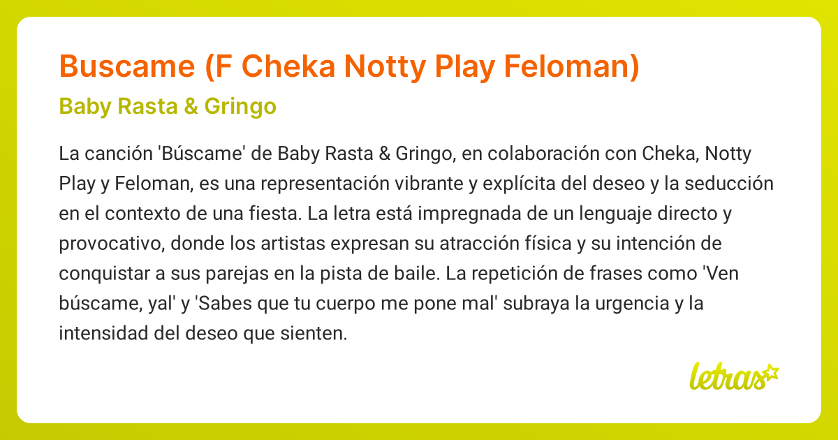 Significado de la canción Buscame (F Cheka Notty Play Feloman) (Baby ...