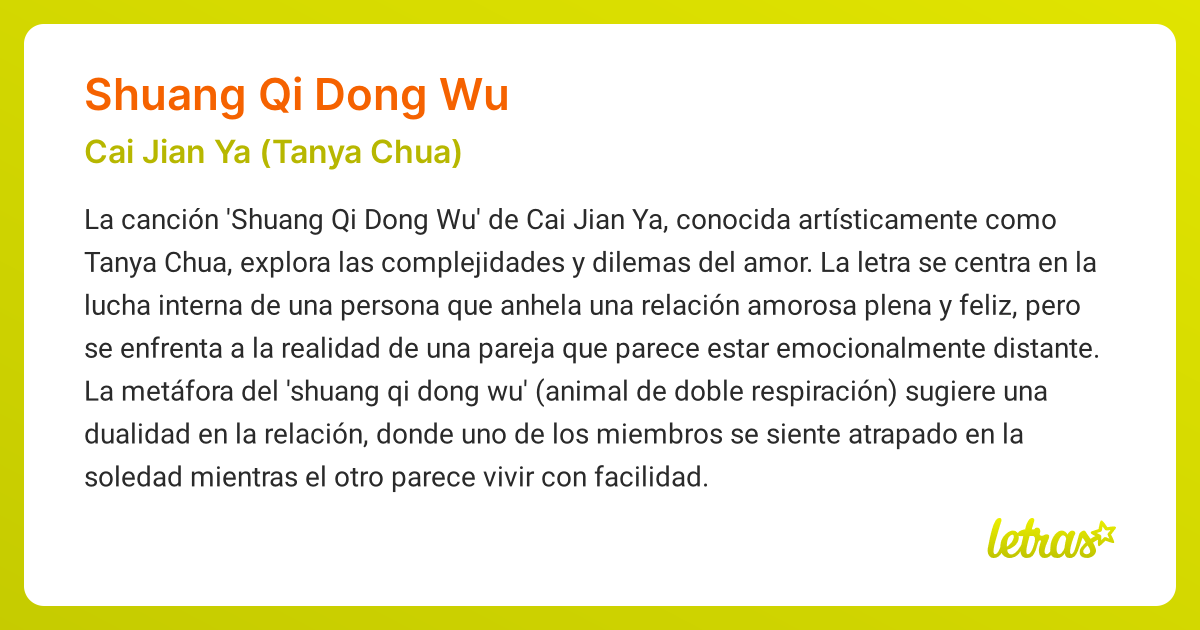 Significado de la canción SHUANG QI DONG WU (Cai Jian Ya (Tanya Chua ...