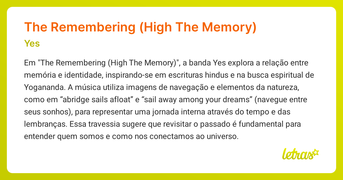 Significado da música The Remembering (High The Memory) (Yes) - LETRAS.MUS.BR