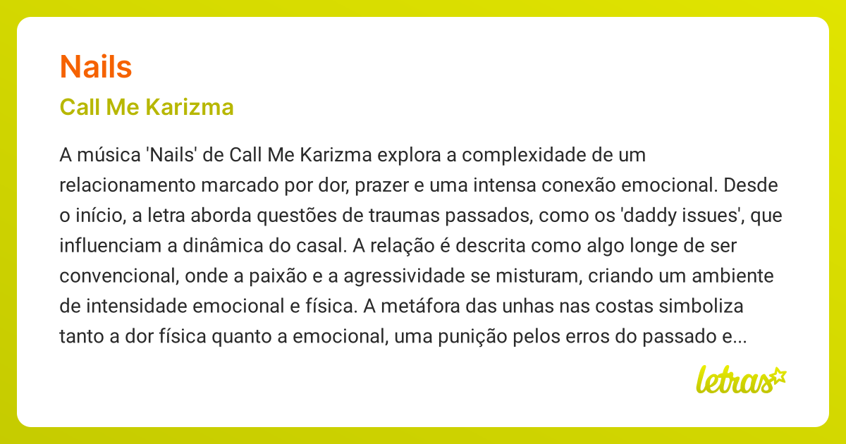 Significado da música NAILS (Call Me Karizma) - LETRAS.MUS.BR
