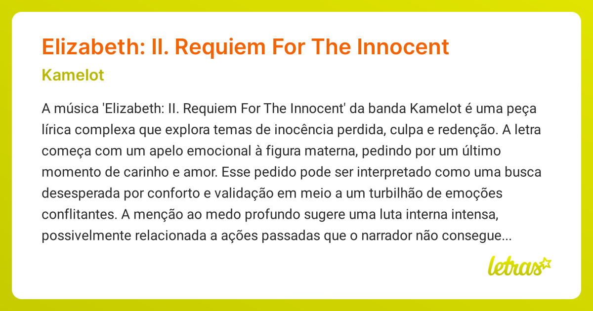 Significado da música Elizabeth: II. Requiem For The Innocent (Kamelot ...