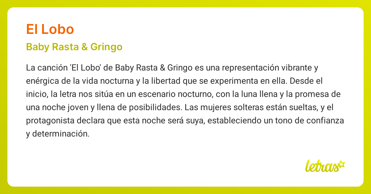 Significado de la canción EL LOBO (Baby Rasta & Gringo) - LETRAS.COM