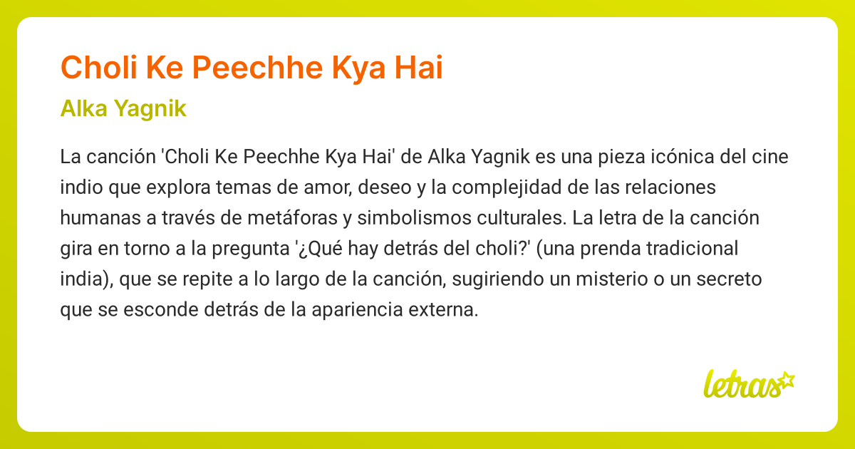 Significado de la canción CHOLI KE PEECHHE KYA HAI (Alka Yagnik ...